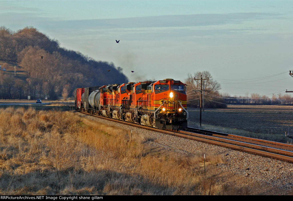BNSF 4397 Slow's for a meet While the Hawks Hurry to Move.